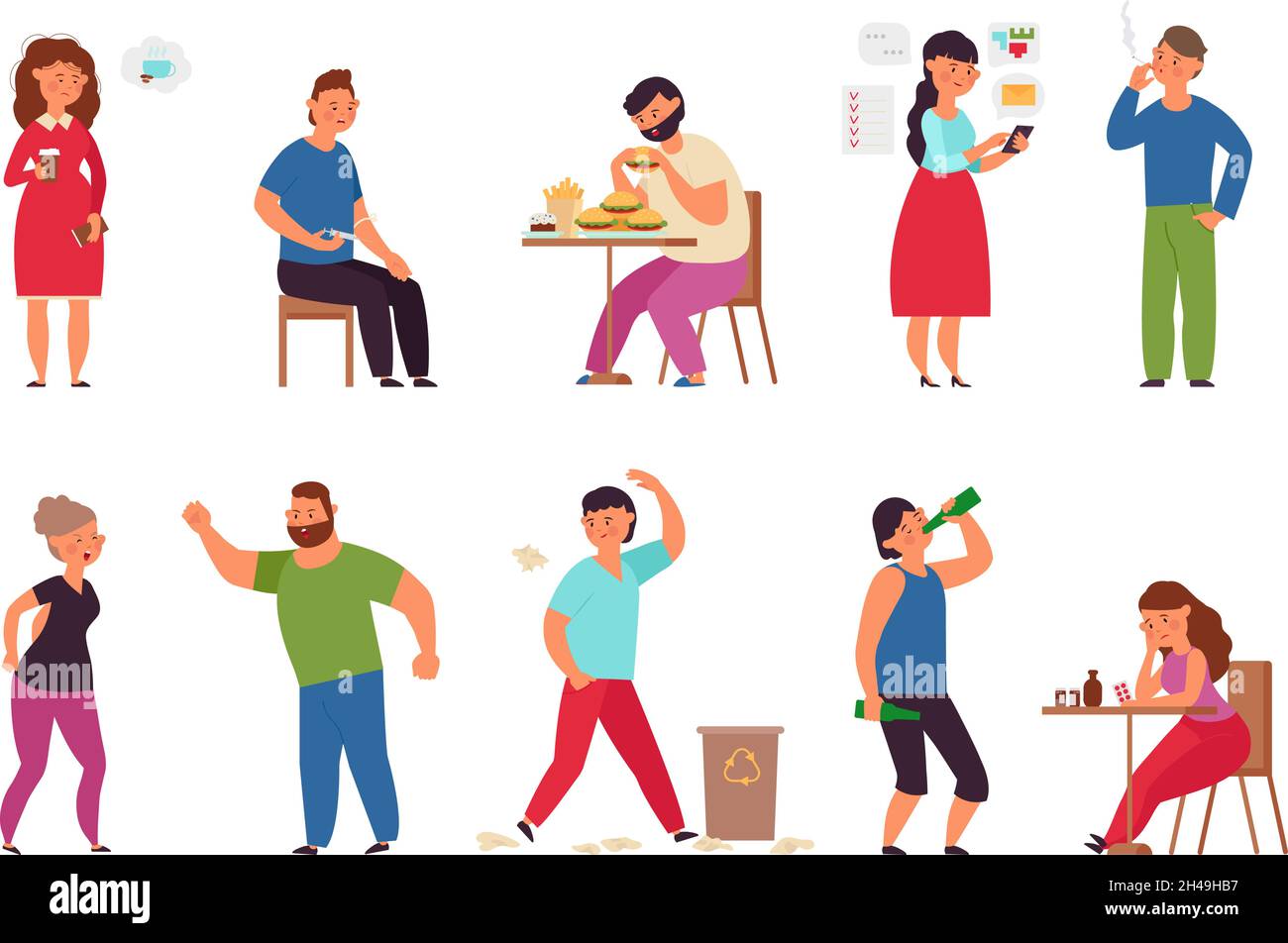 Unhealthy lifestyle. Alcohol drug addiction, overworked woman. Bad ...