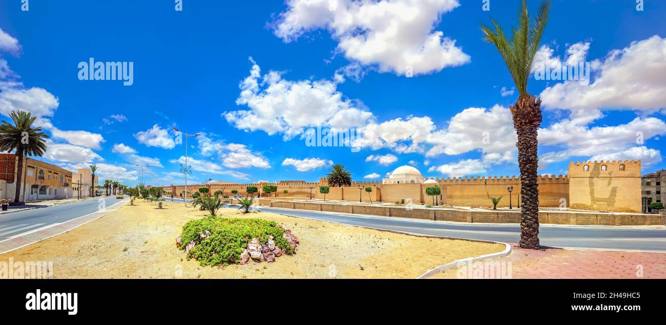 Panoramic landscape with road and view of ancient walls of Great Mosque ...