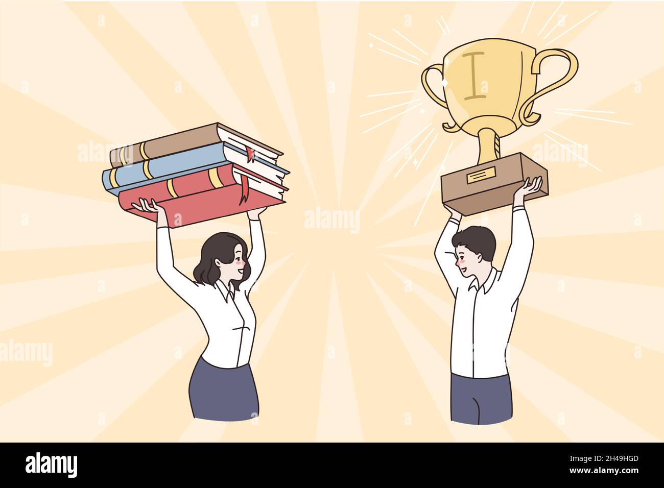 People carry book pile and gold prize in hands. Smiling student get ...