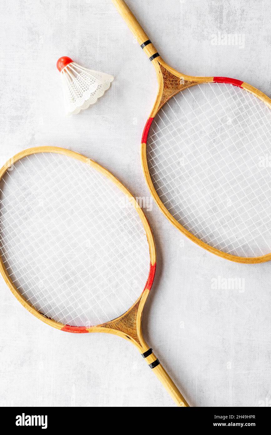 Two rackets and shuttlecock for playing badminton, top view Stock Photo ...