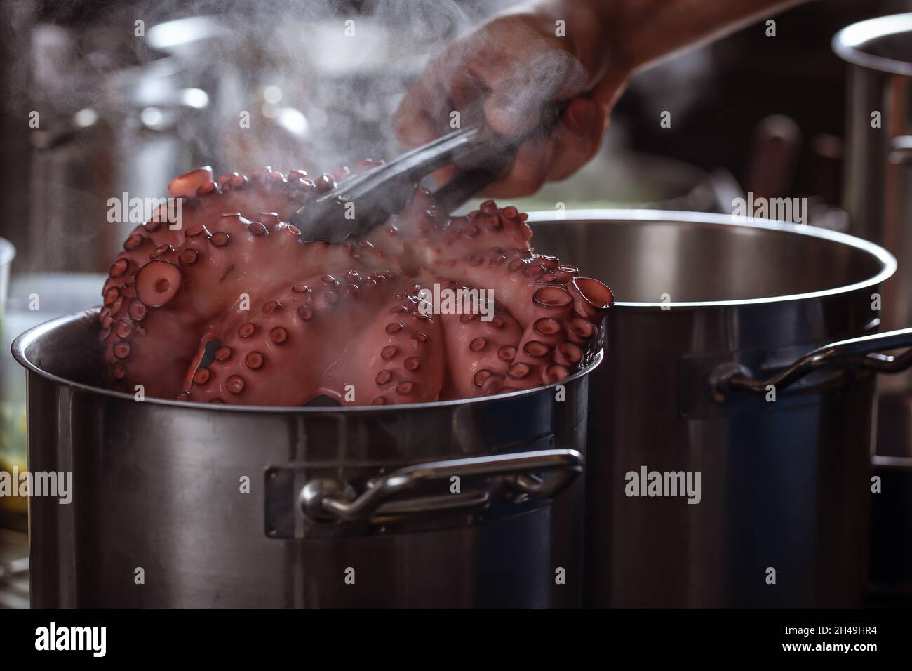 Whole octopus boiling in the the pot filled with water and vegetables ...