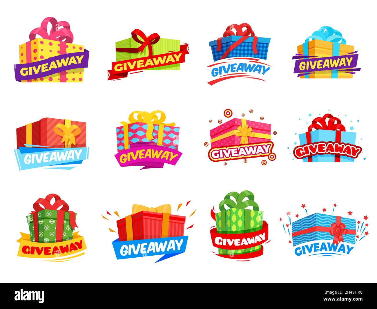 Giveaway banners. Box winner sticker, event gift with ribbon bow ...