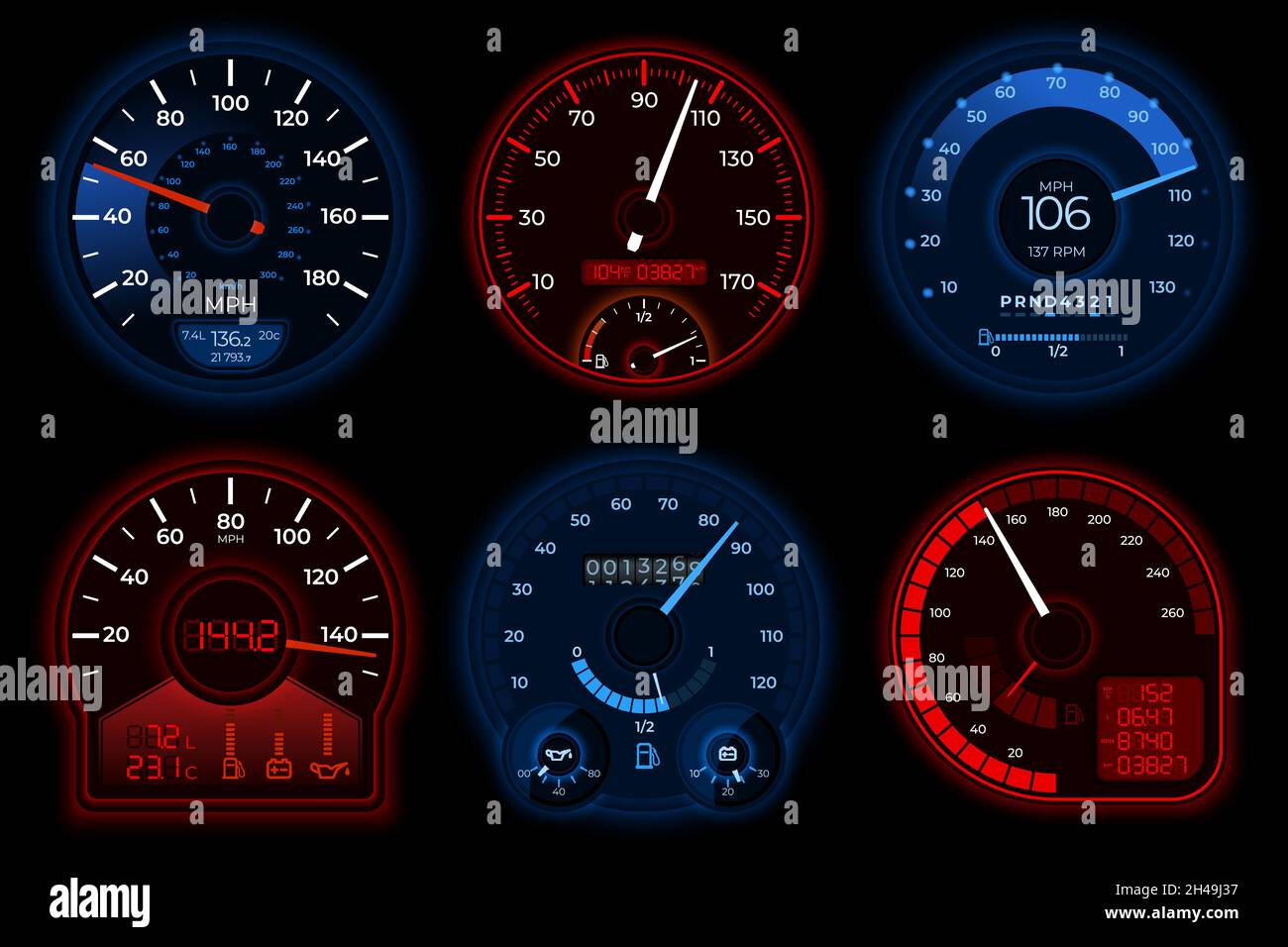 Car speedometers. Racing speedometer, speed scales in auto. Car ...
