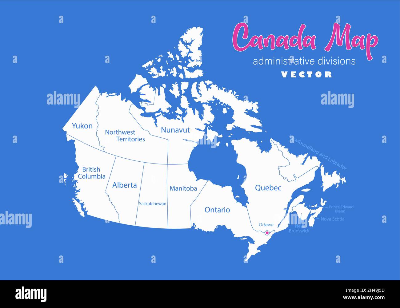 Canada map, administrative divisions whit names regions, blue ...