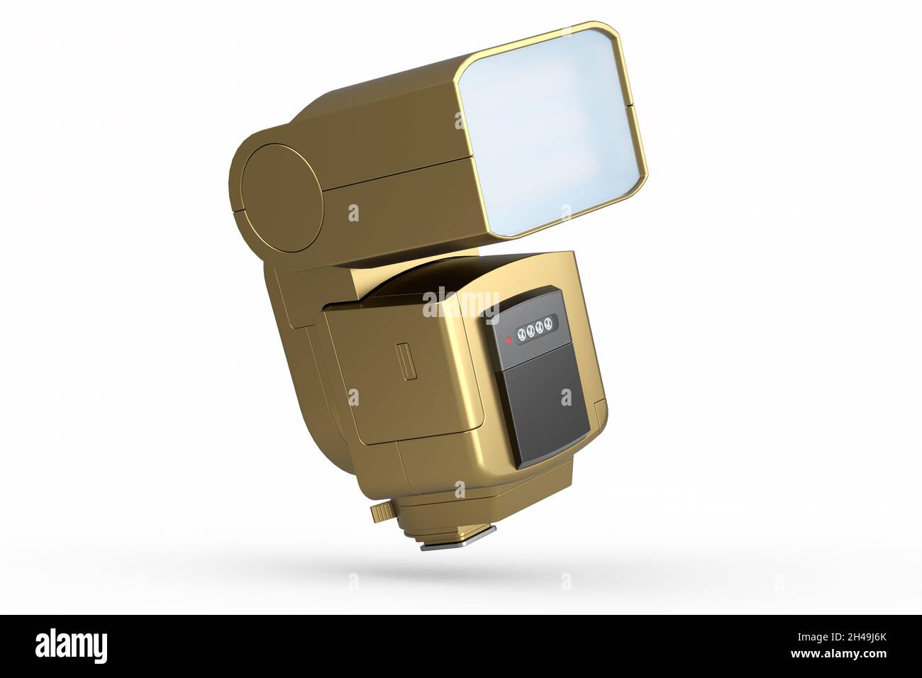 Camera external gold flash speedlight isolated on white background. 3D ...