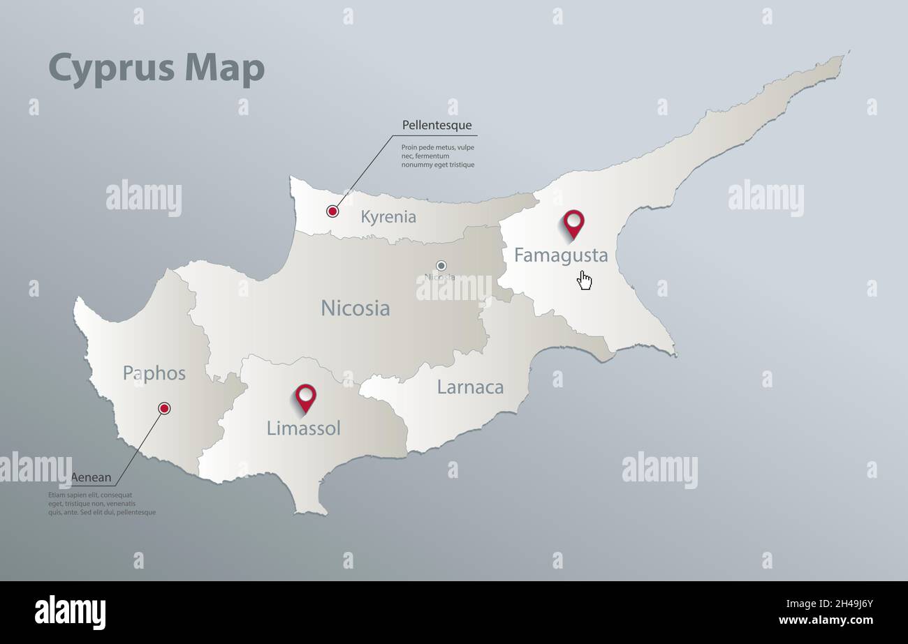 Cyprus map, administrative division with names, blue white card paper ...