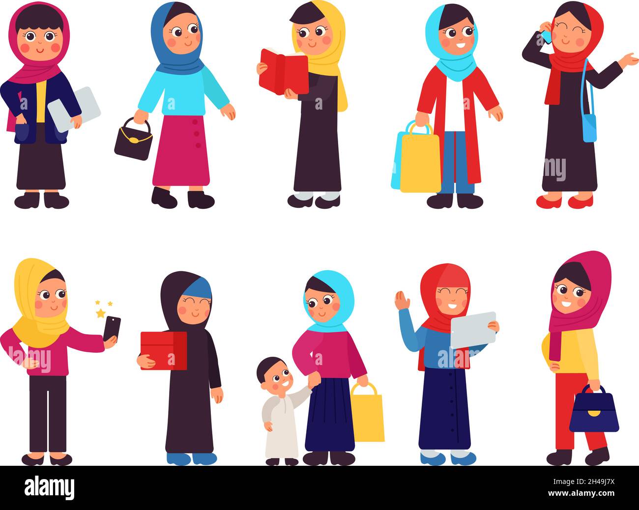 Arab woman characters. Muslim women, arabic cartoon female crowd ...