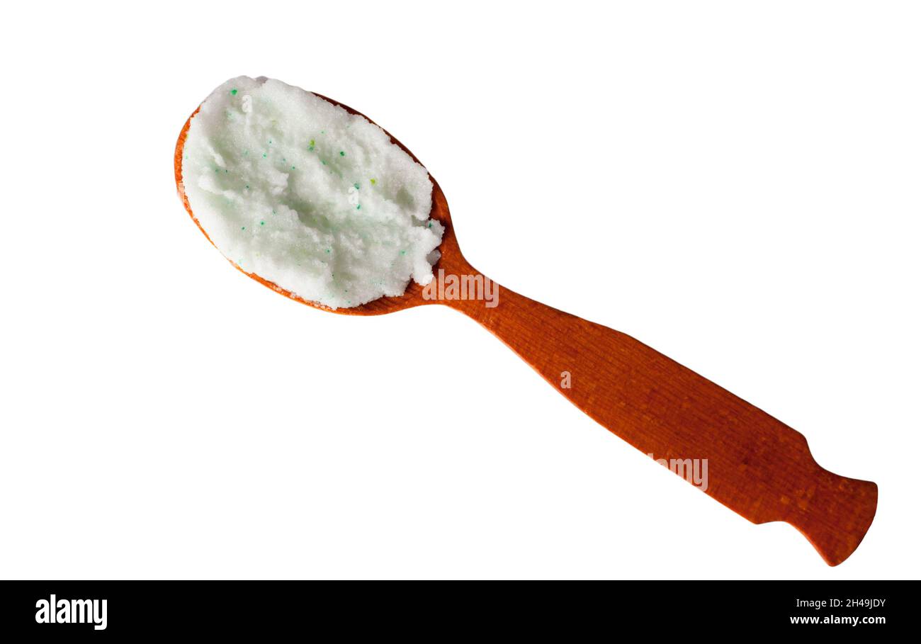 Body scrub with green crystals in wooden spoon. Homemade cosmetic for ...