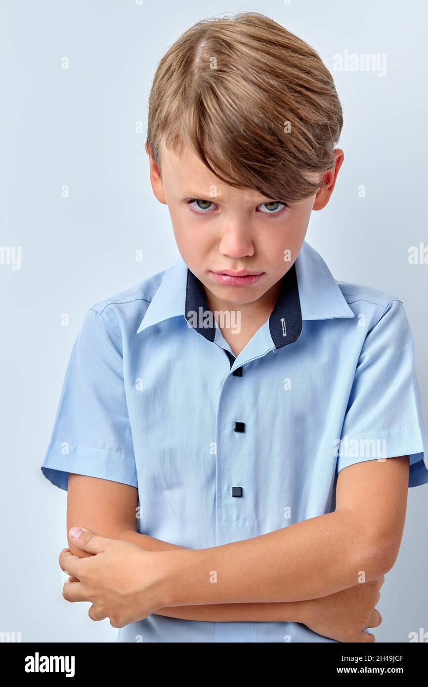 Sad Offended Little Boy Posing Isolated On White Background, Portrait ...