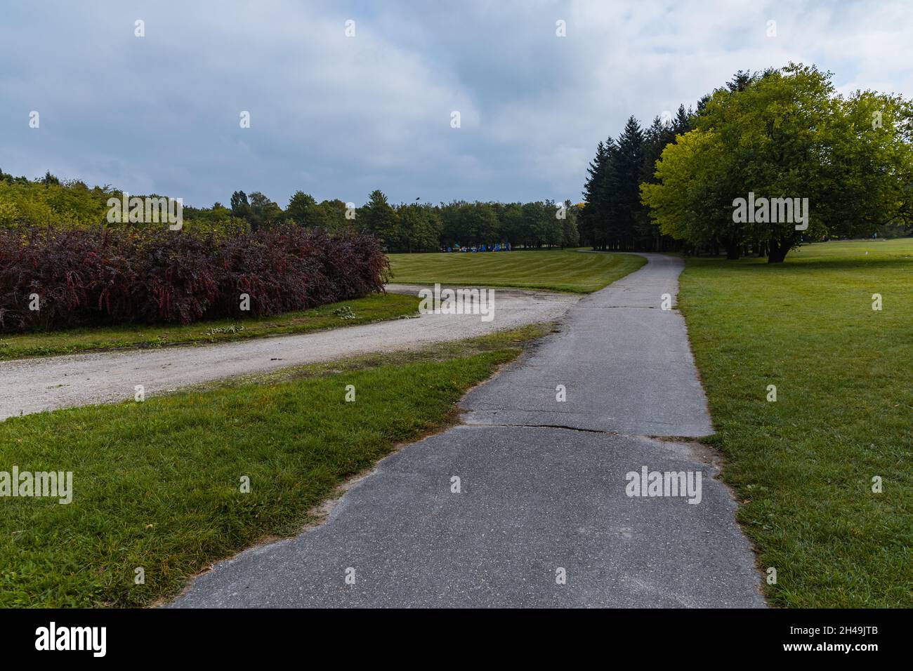Long asphalt path in Citadel park with trees and lamps around next to ...