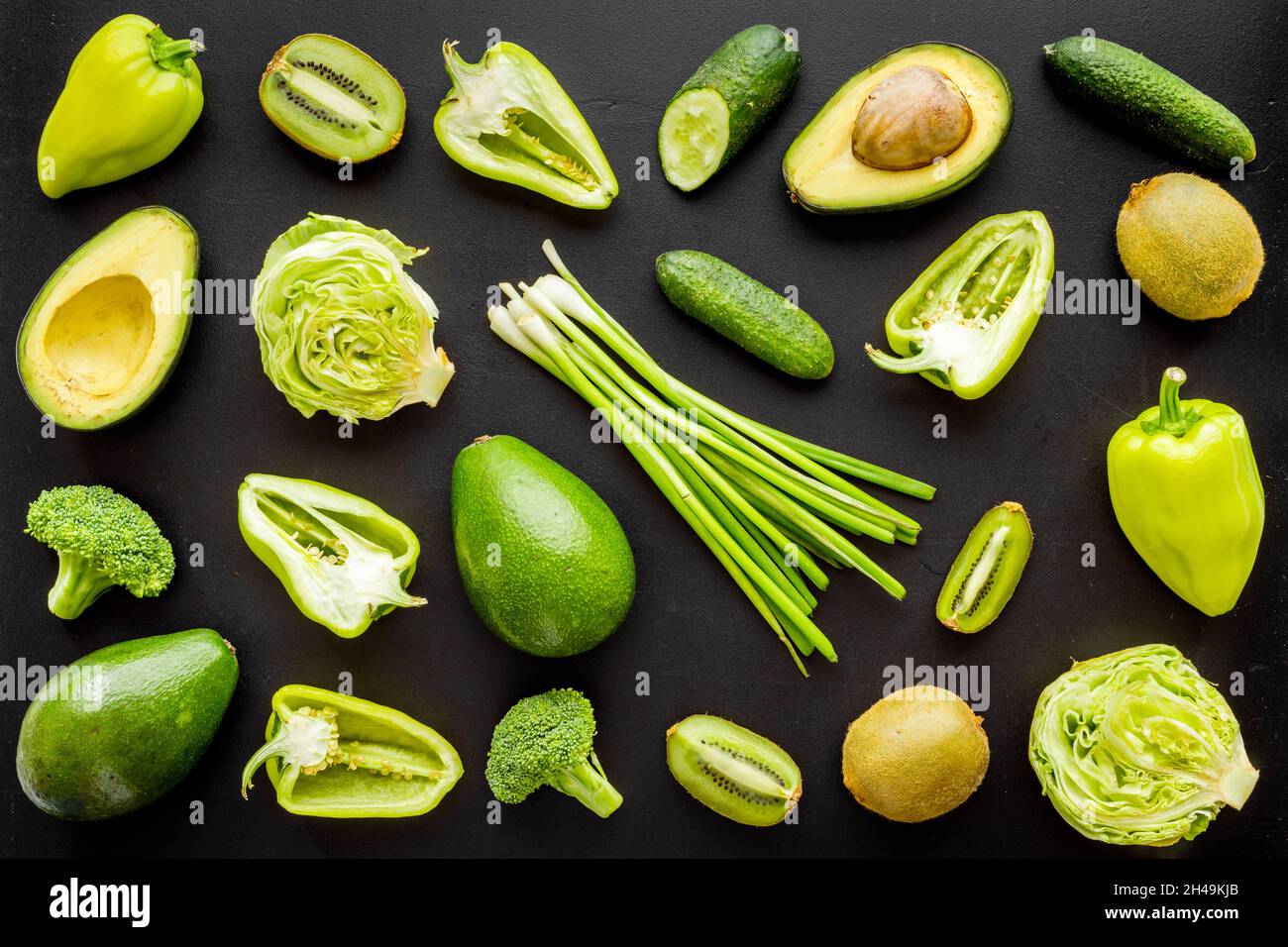 Pattern of green ready to eat vegetables and fruits, top view Stock ...