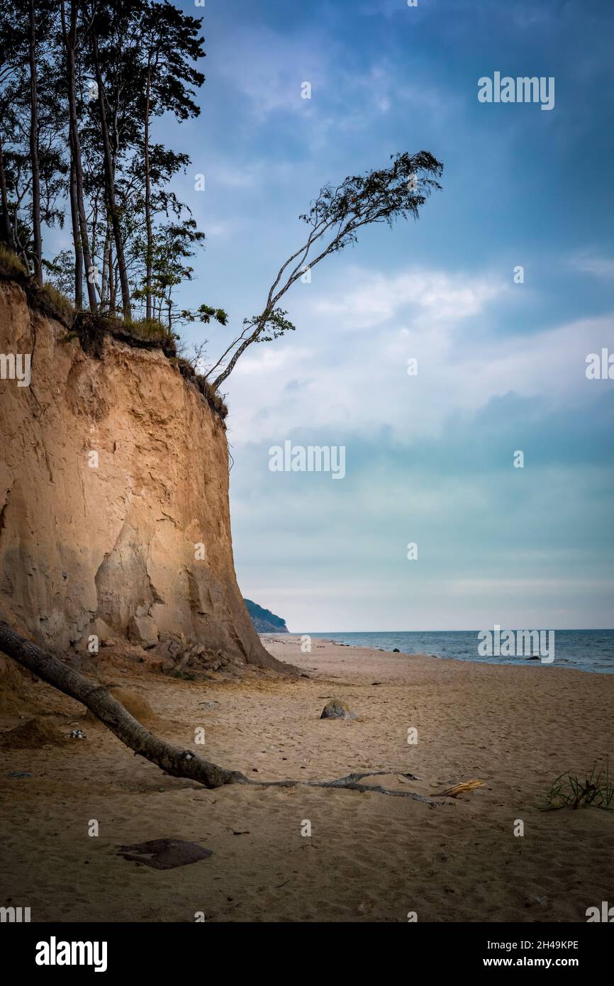 Sand cliff and empty beach. A sand cliff in Swietouscie, Baltic Sea Poland. Empty beach, cloudy ...