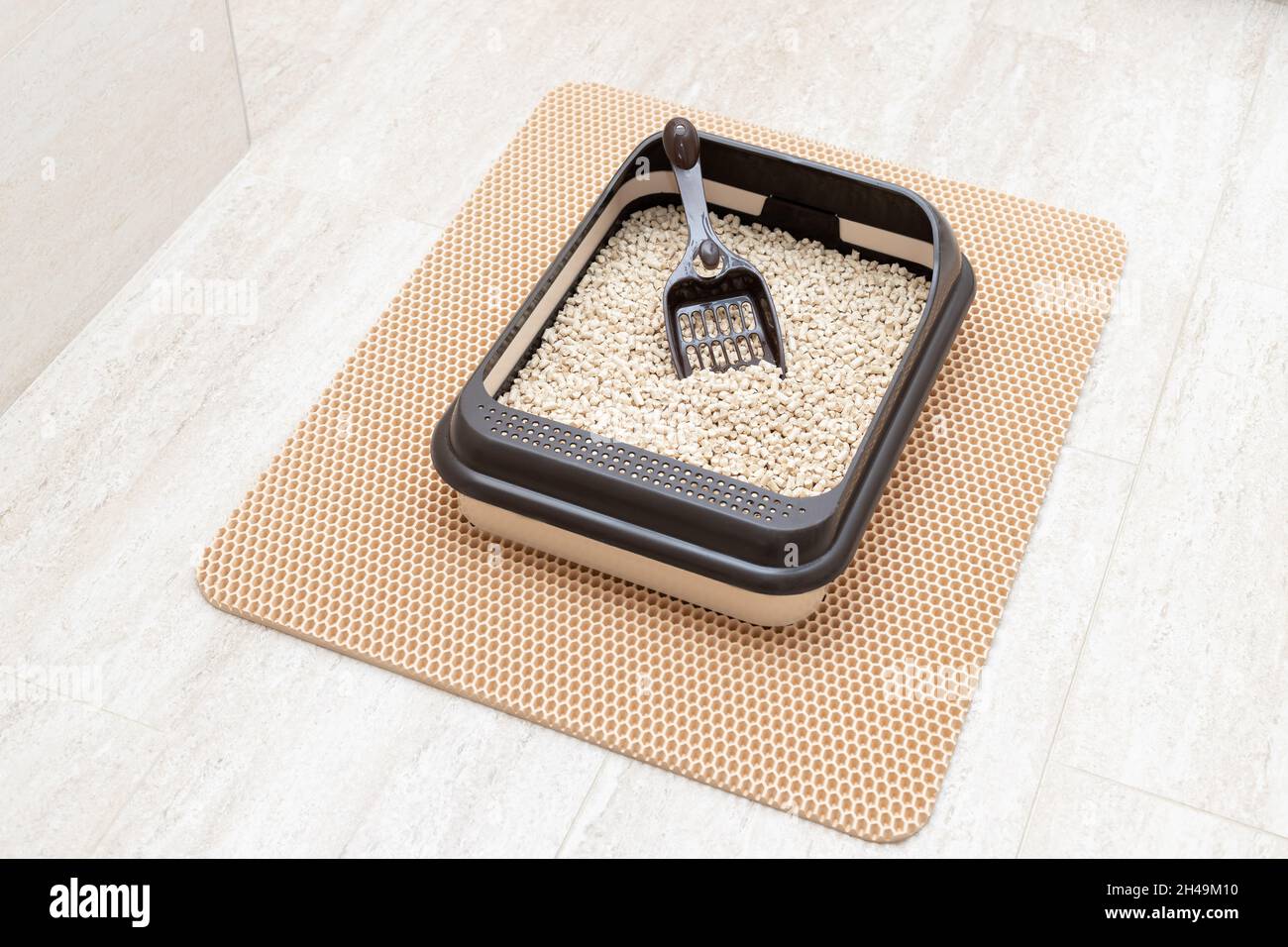 Cat toilet tray with wooden pellets on litter mat Stock Photo - Alamy