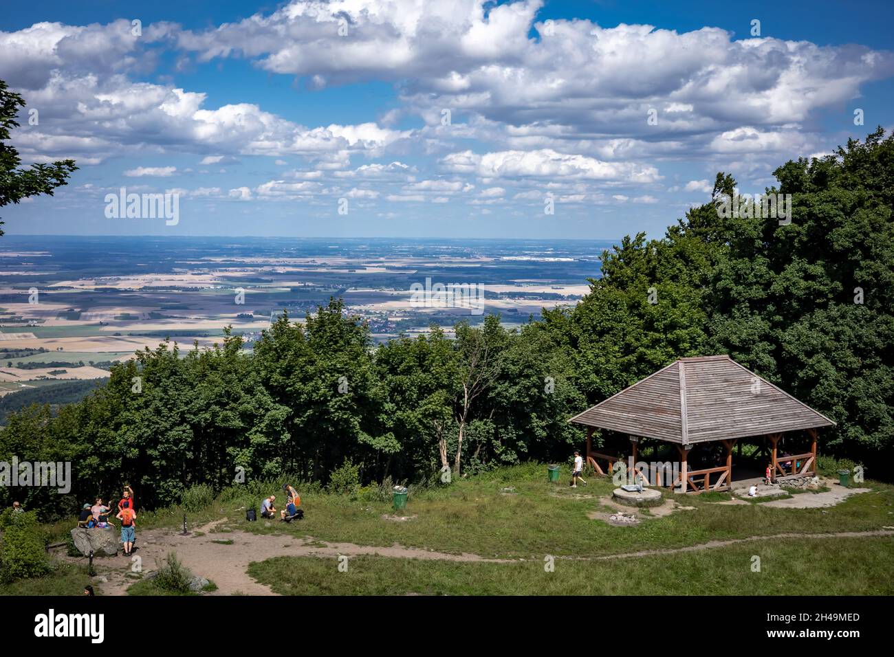Sleza, Poland - August 07, 2021: A tourist wooden hut surrounded with ...