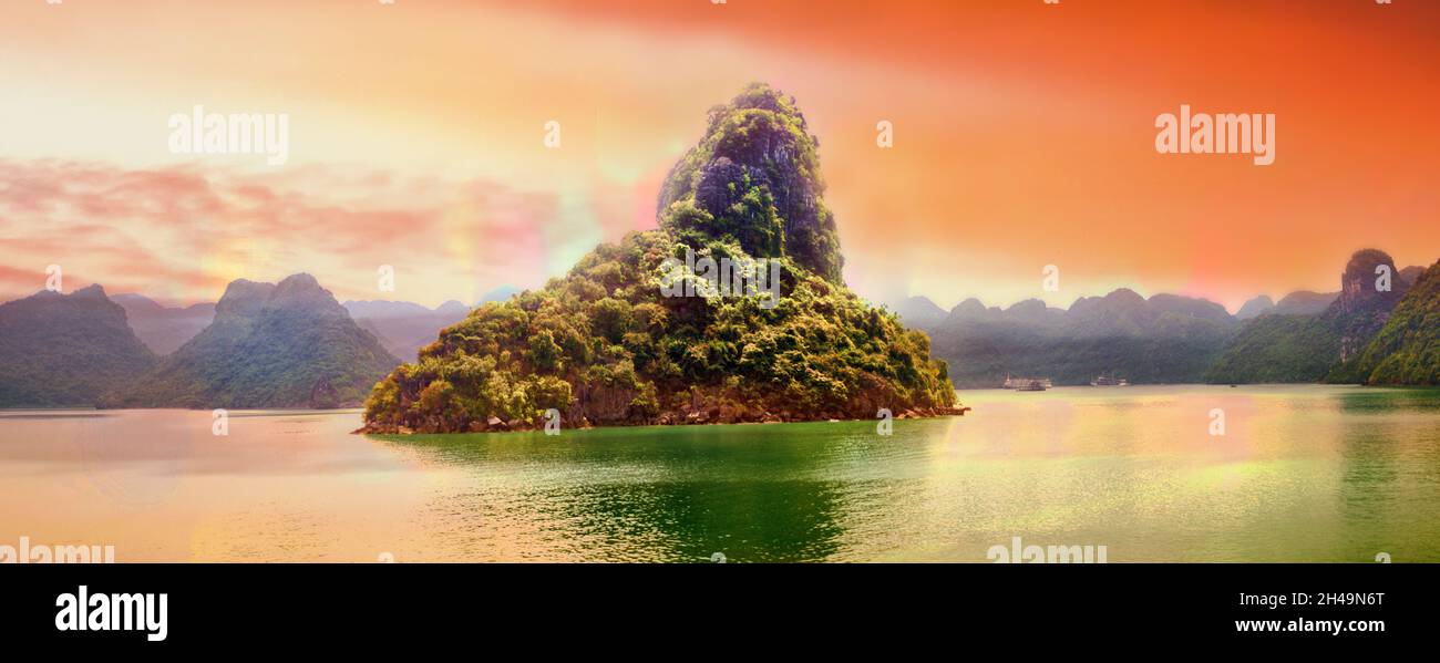 Halong Bay in Vietnam. Panorama of famous columnar 3000 mountains in ...