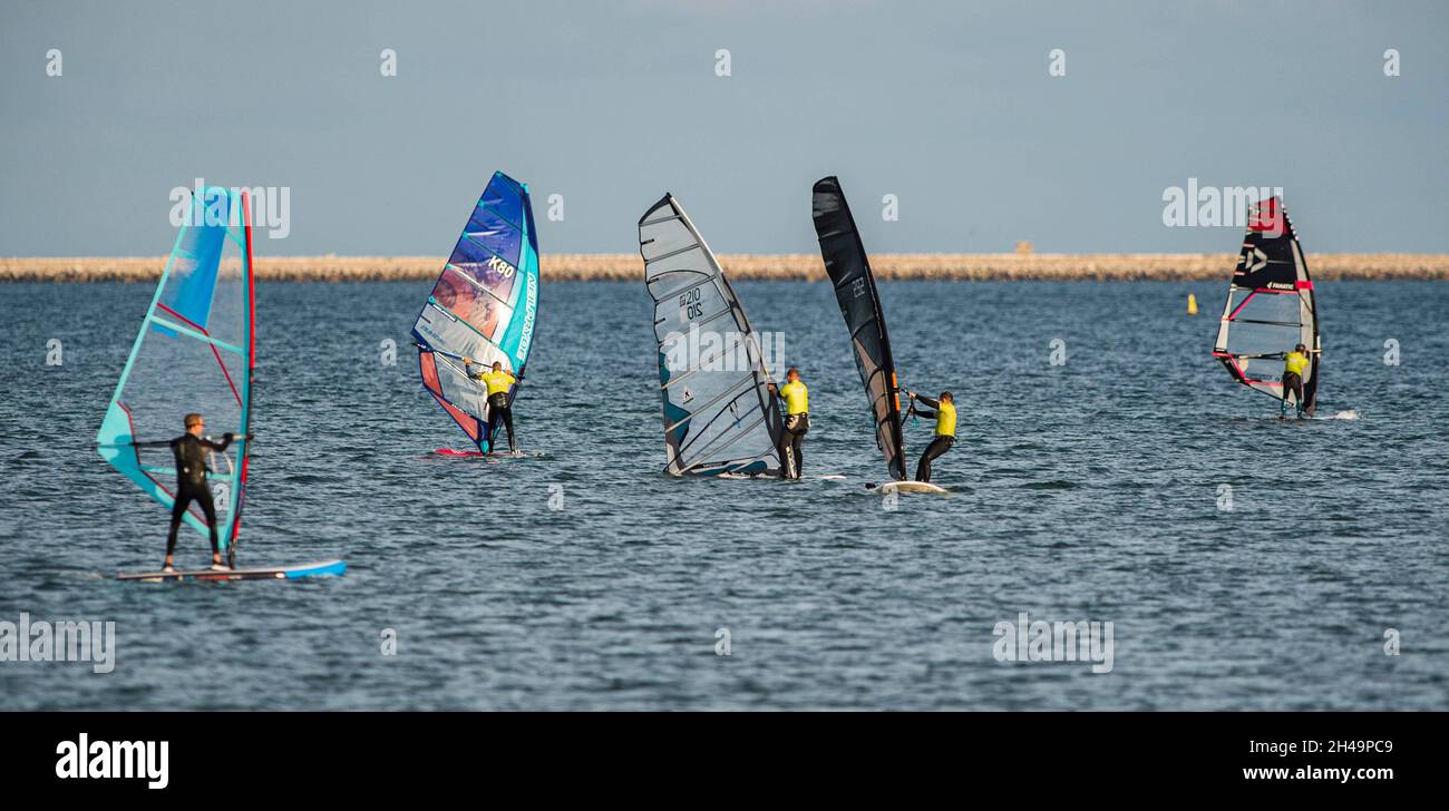 Windsurfing at Portland Harbour, Weymouth, Dorset, England, UK Stock ...