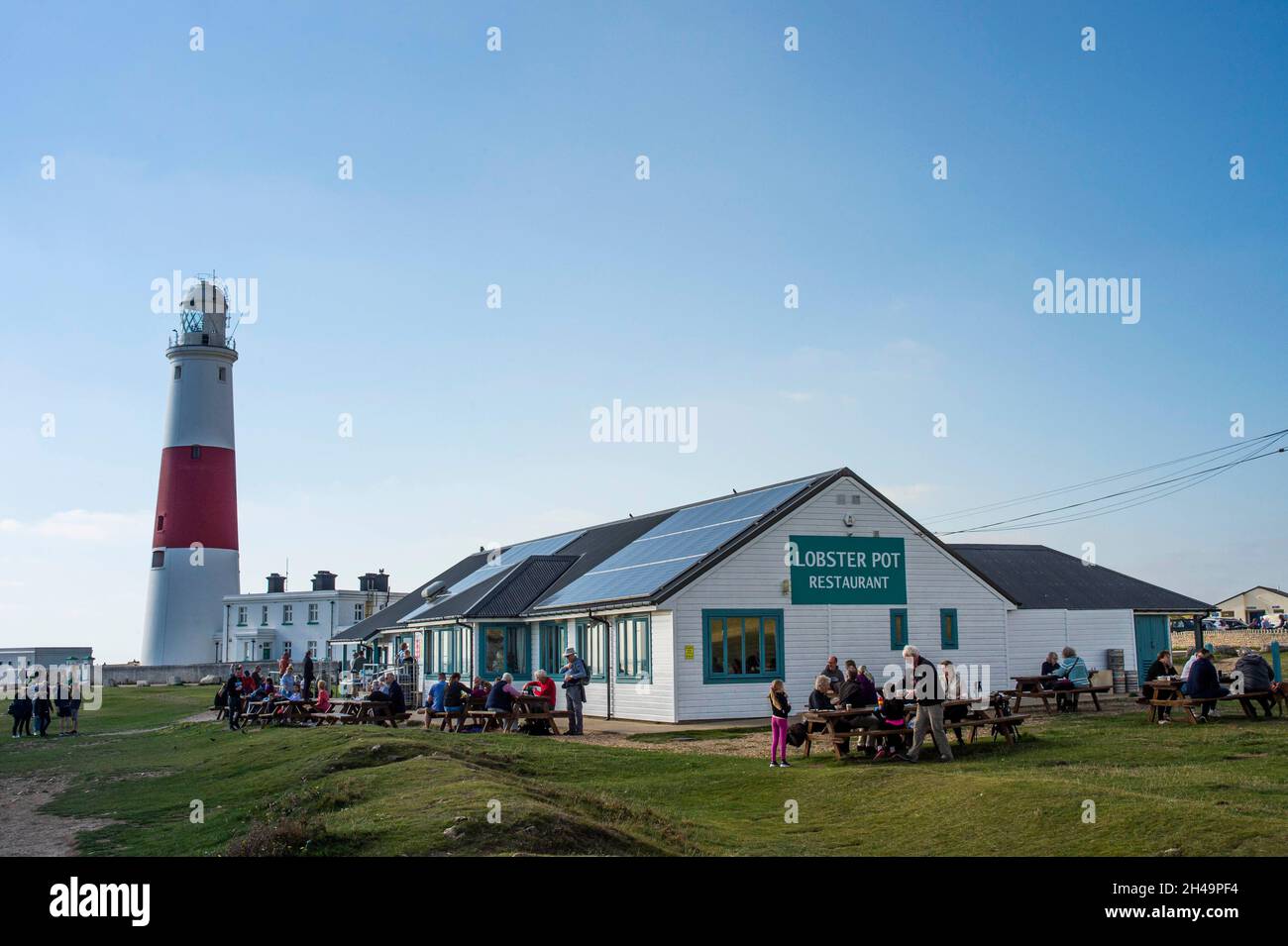 The lighthouse at Portland Bill and The Lobster Pot cafe and restaurant ...