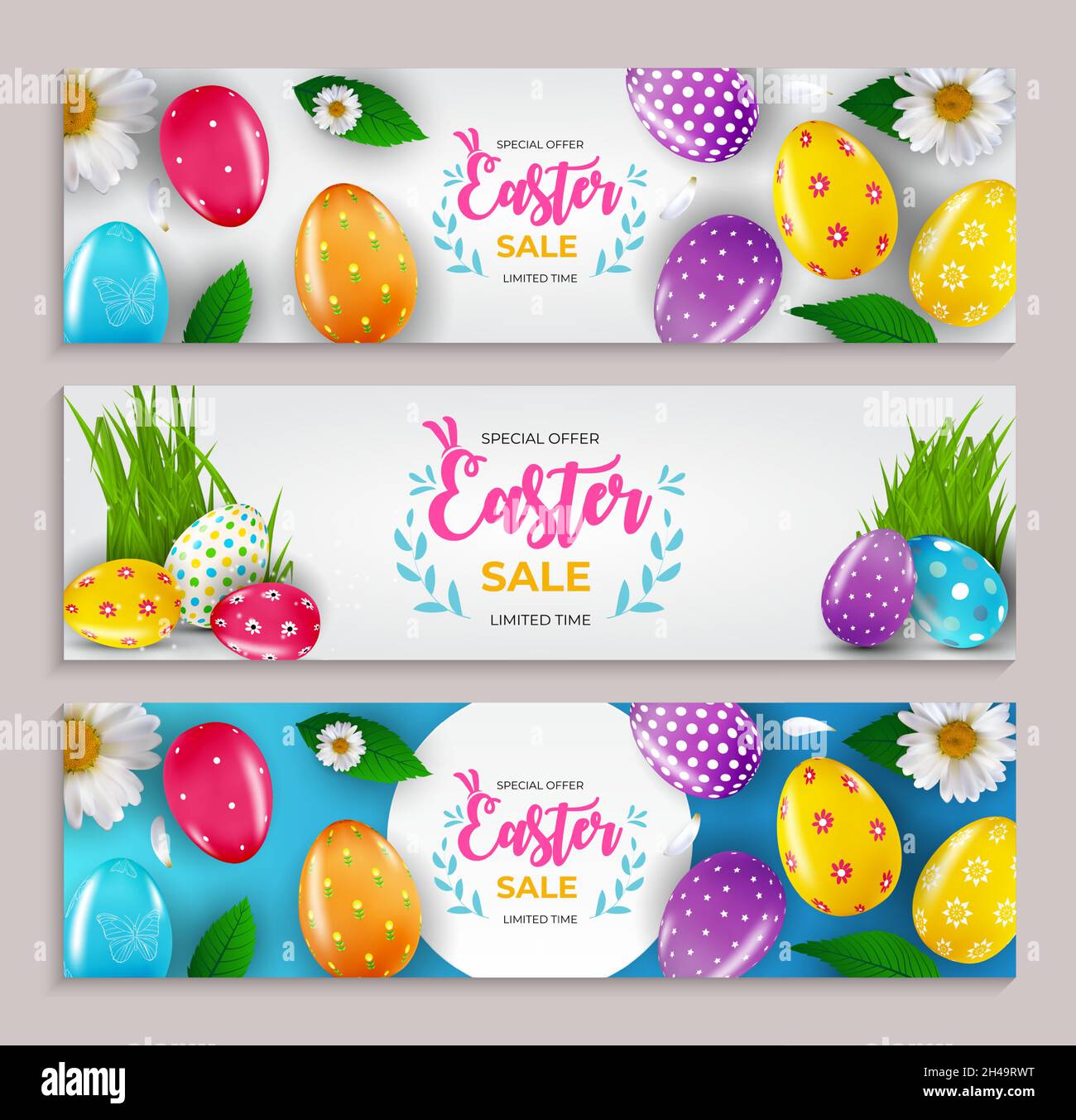 Easter sale poster set template with 3d realistic Easter eggs and paint ...