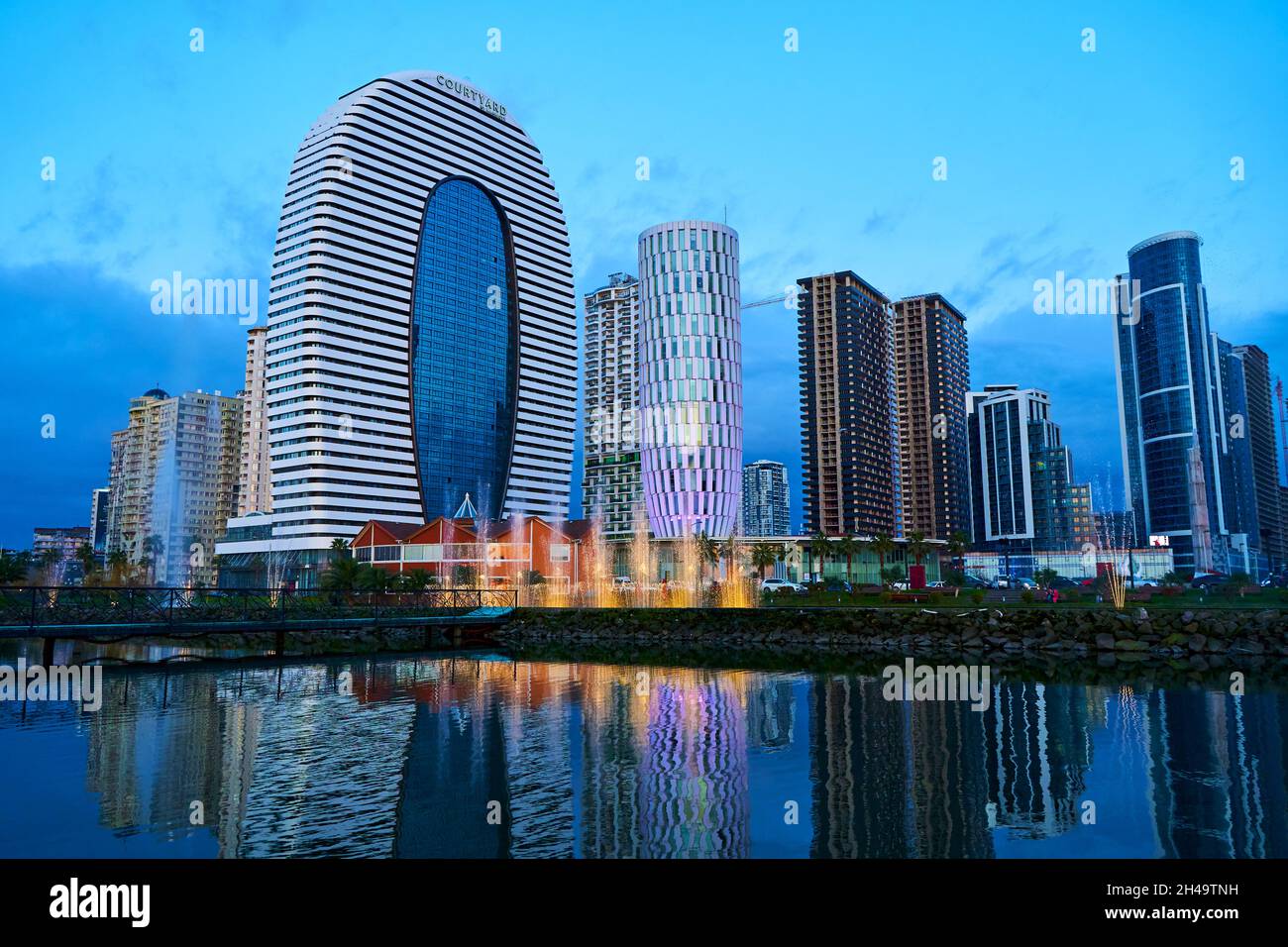 Evening panorama of the architecture of modern buildings on the ...