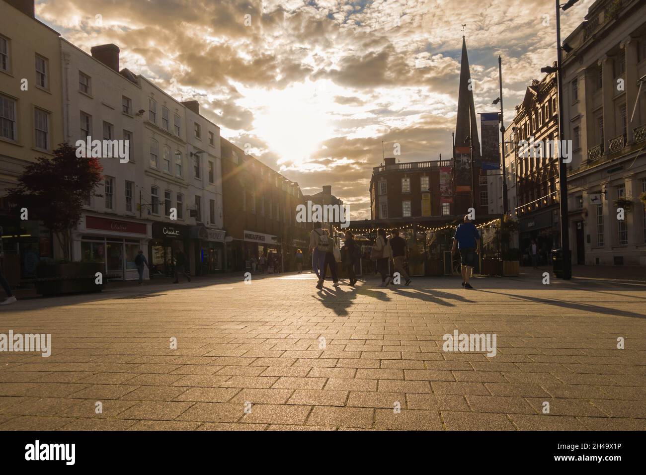 Evening sun going down over High Town Hereford UK. September 2021 Stock ...