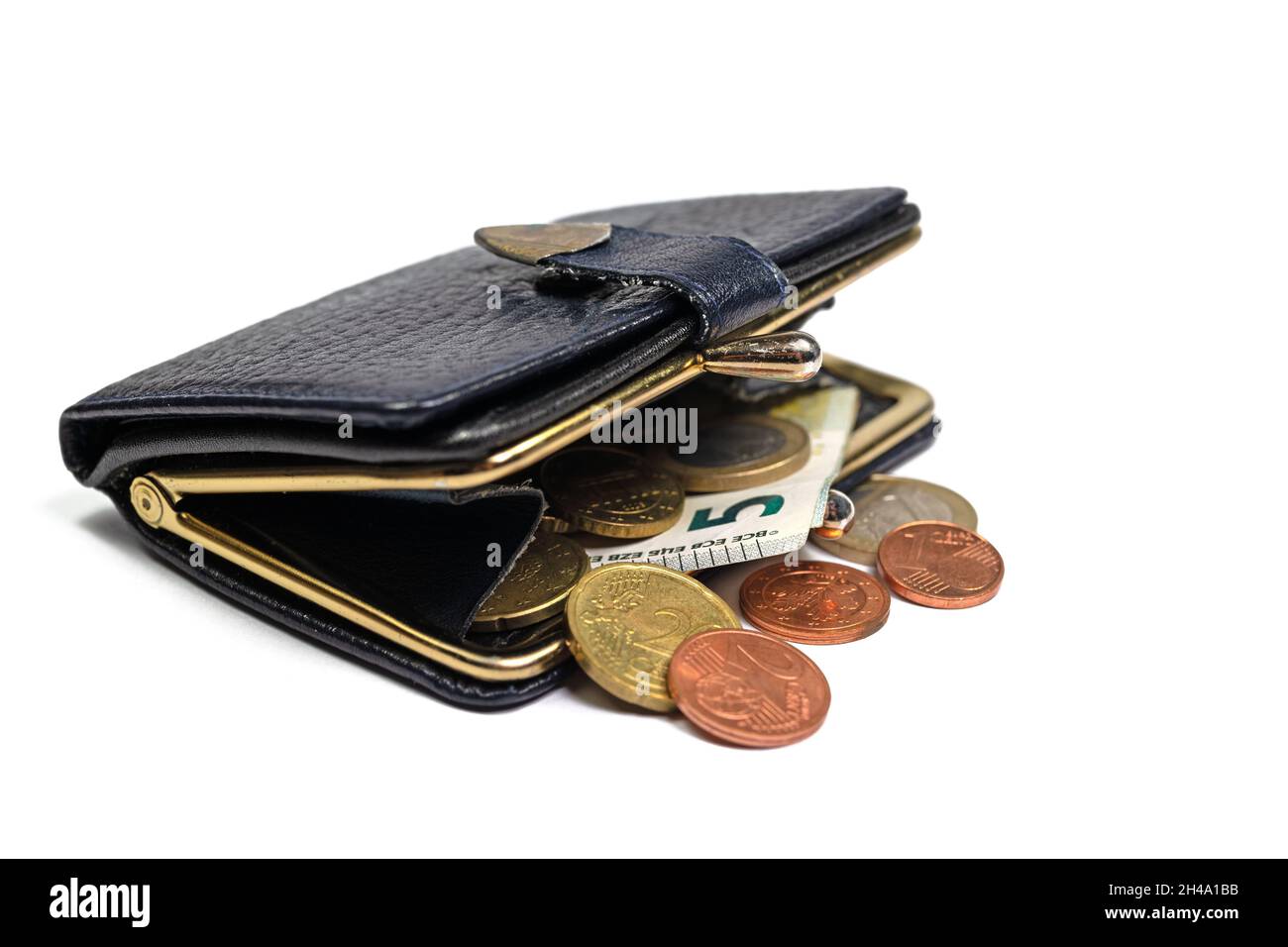 Purse with loose change against a white background Stock Photo - Alamy