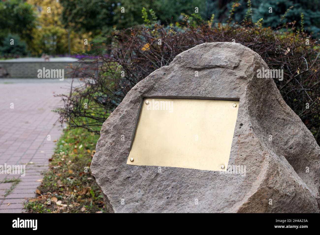 Blank plaque on the stone. Bronze memorial plaque in the park. Empty ...