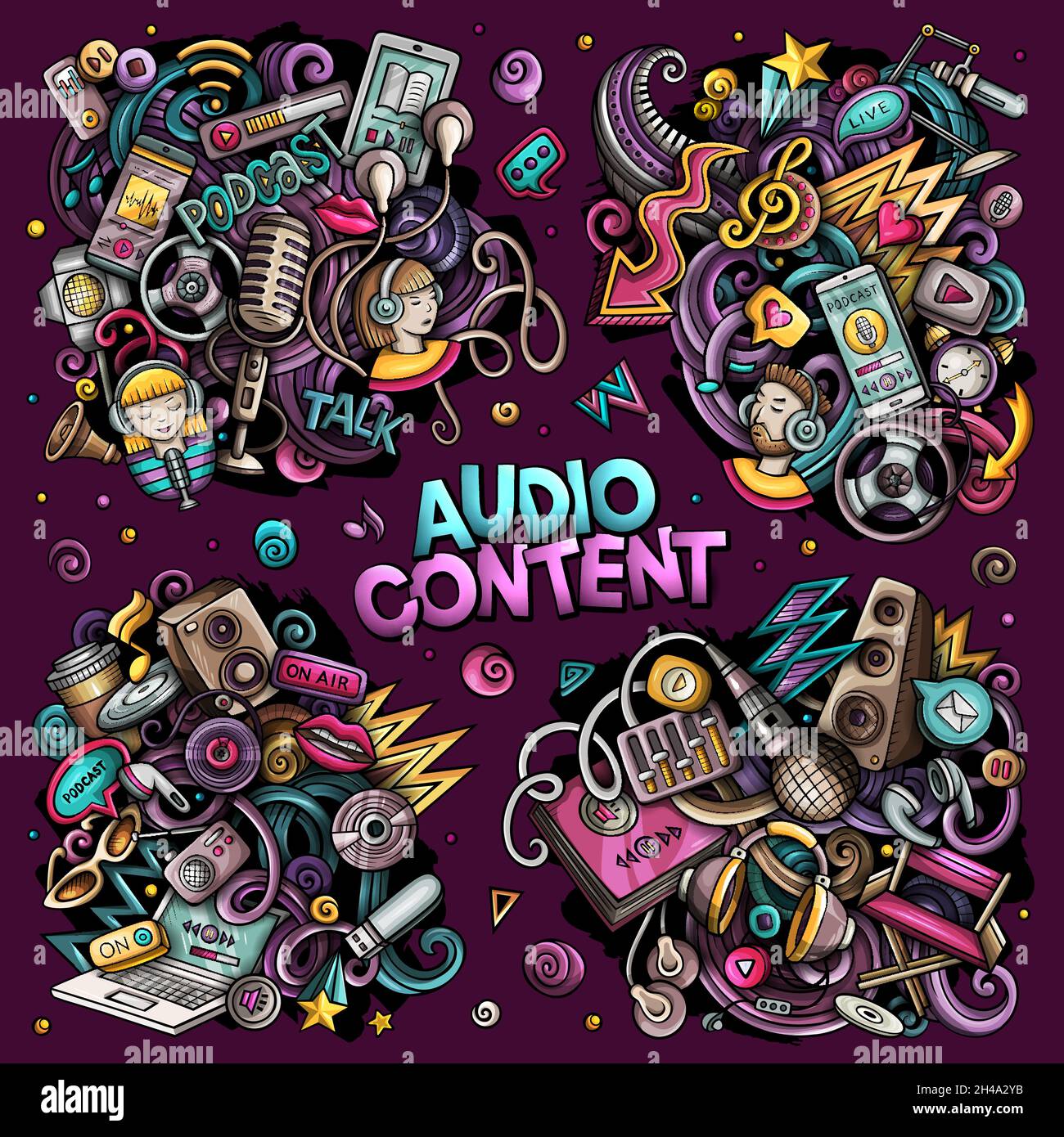 Audio content cartoon vector doodle designs set Stock Vector Image ...