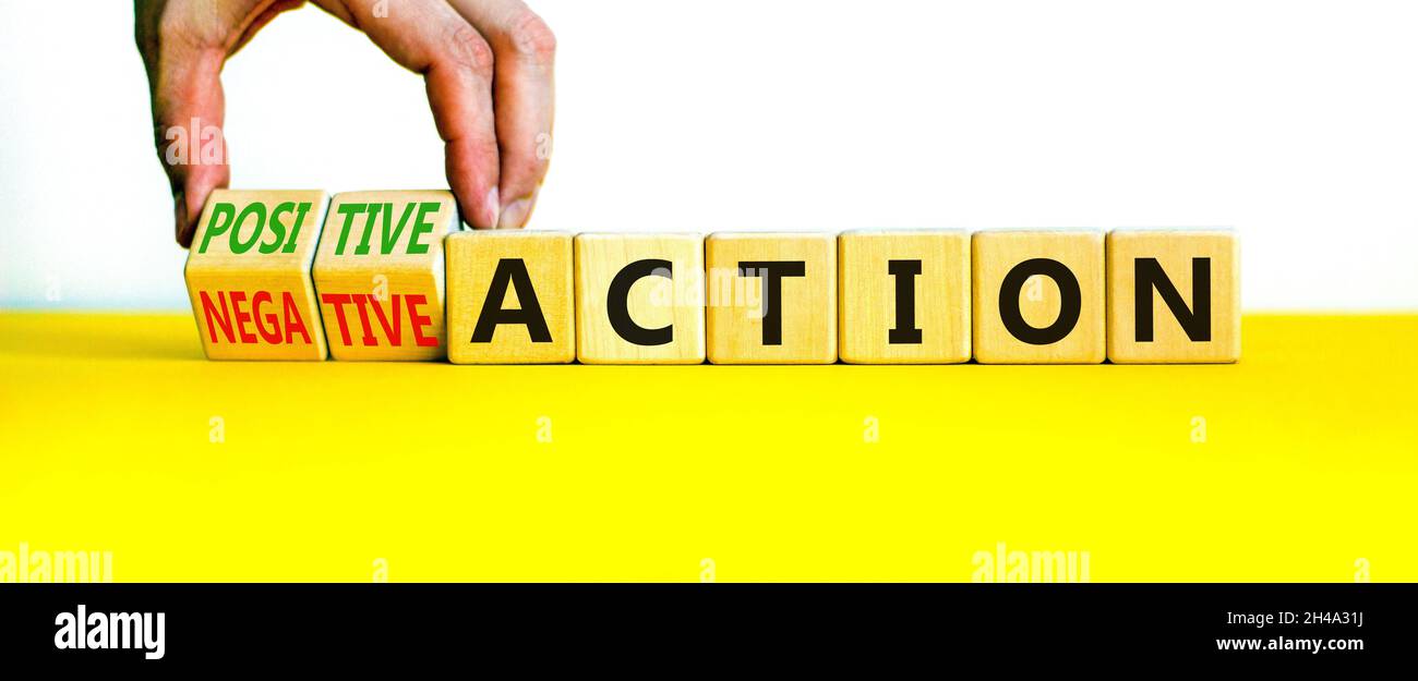 Positive or negative action symbol. Businessman turns cubes and changes ...