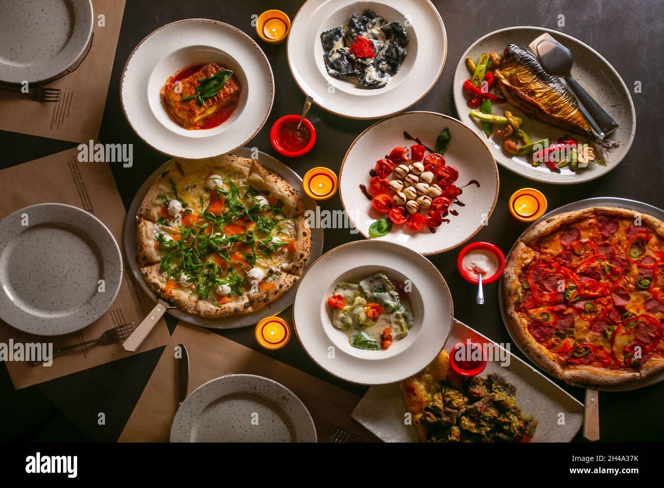 Top down view on enormous buffet of delicious freshly prepared european ...