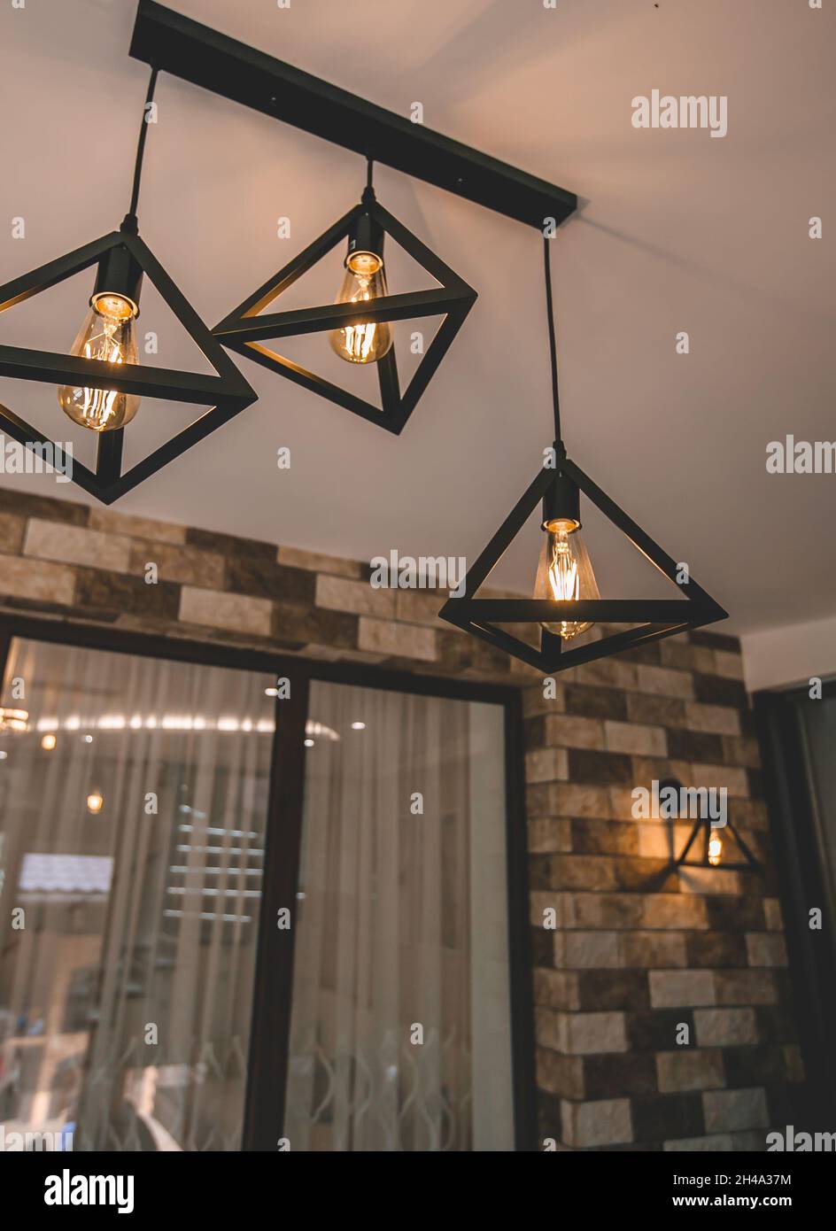 Chandelier pendant black metal triangle 1 lamp vintage and retro style ...
