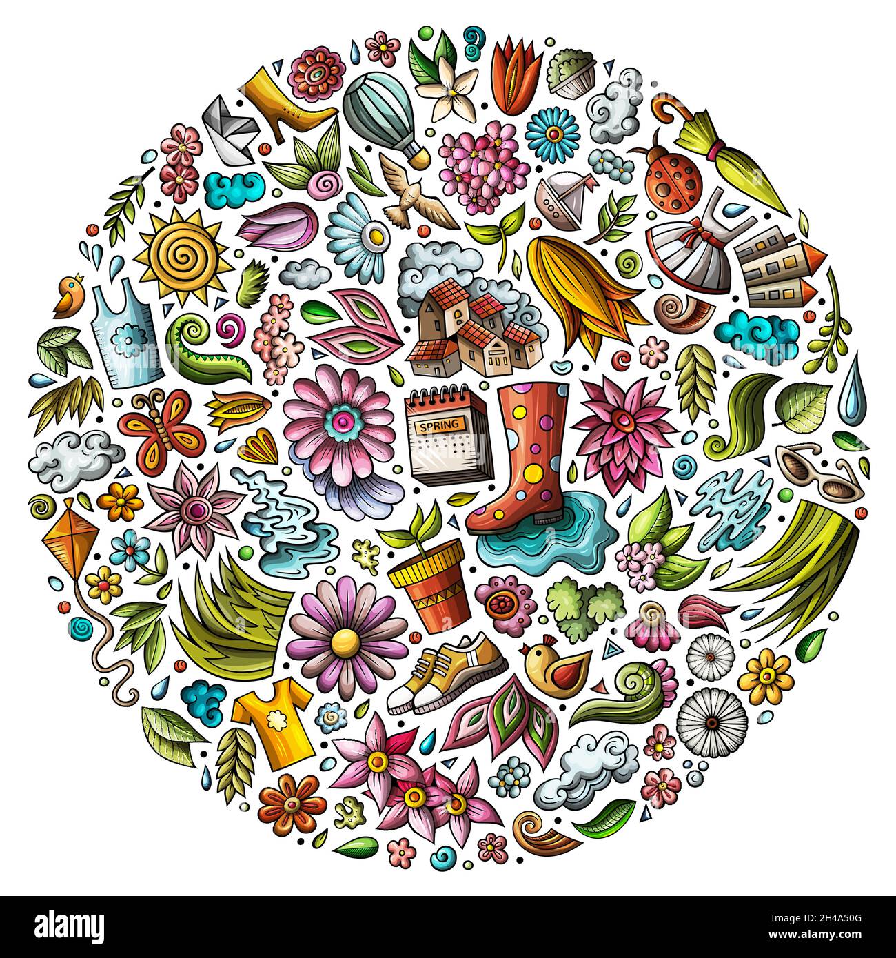 Colorful vector hand drawn set of Spring cartoon doodle objects Stock ...