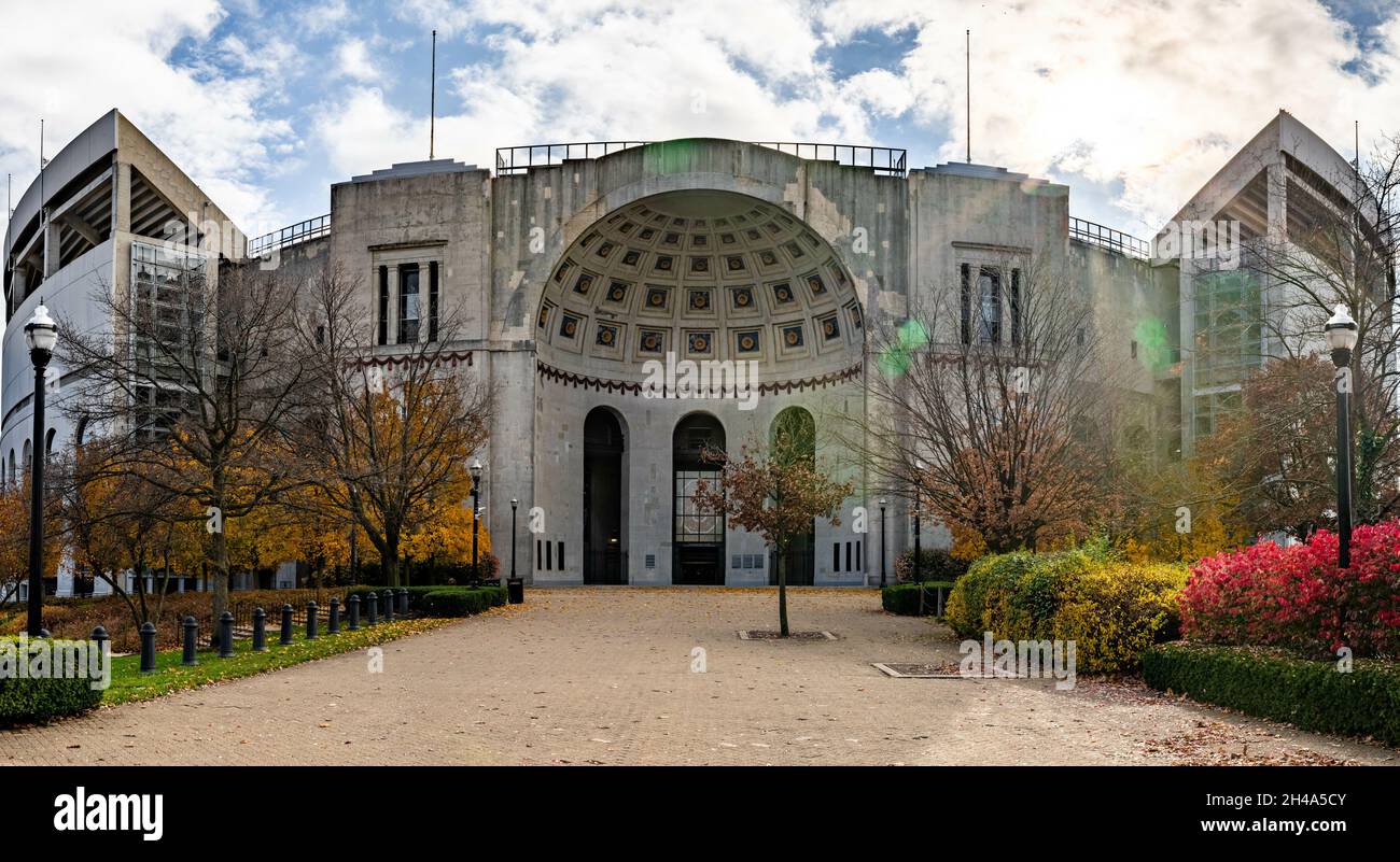 Historic Ohio Stadium with rotunda entrance against a cloudy sky in ...