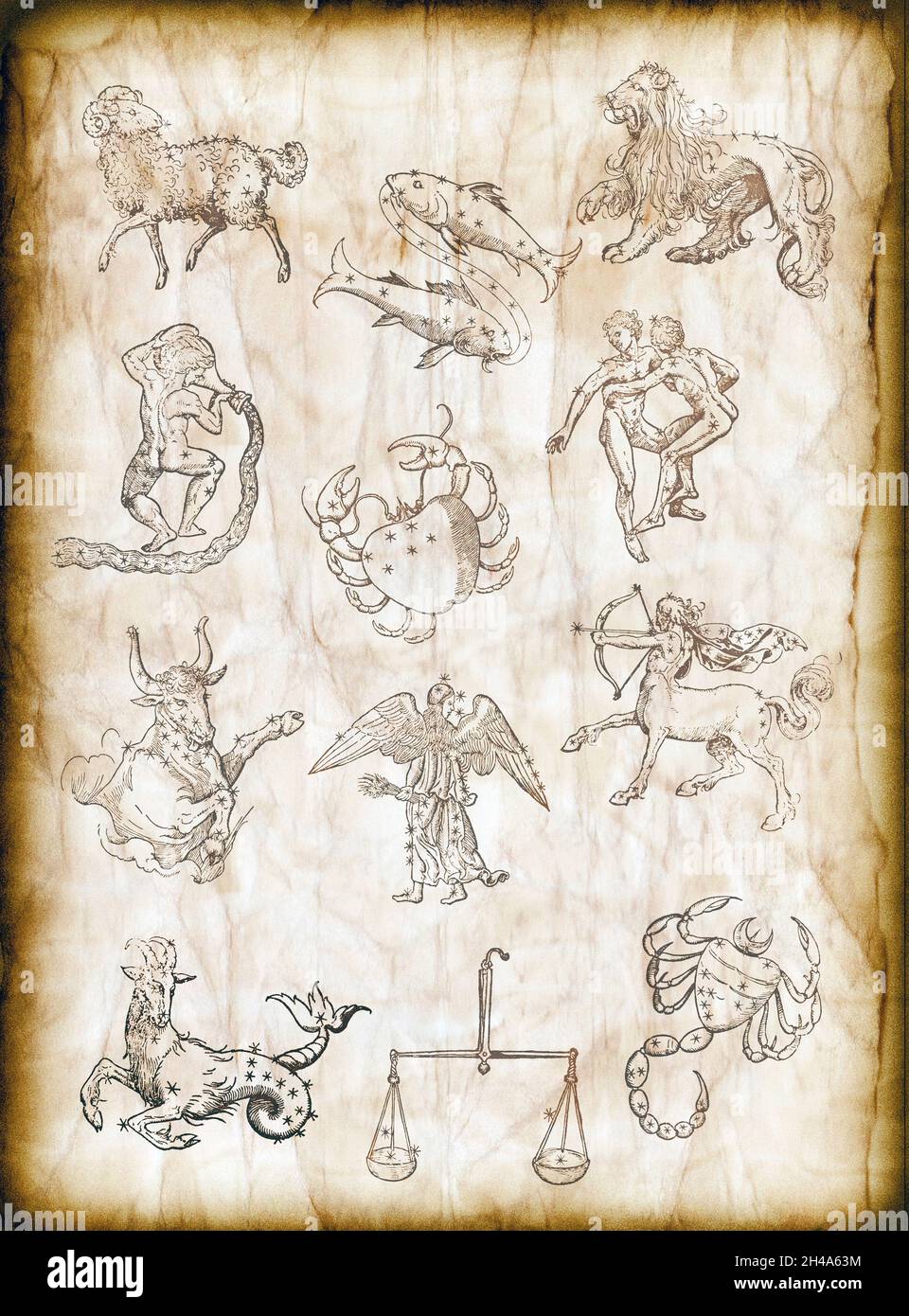 zodiac signs symbols over old parchment paper like astrology background ...