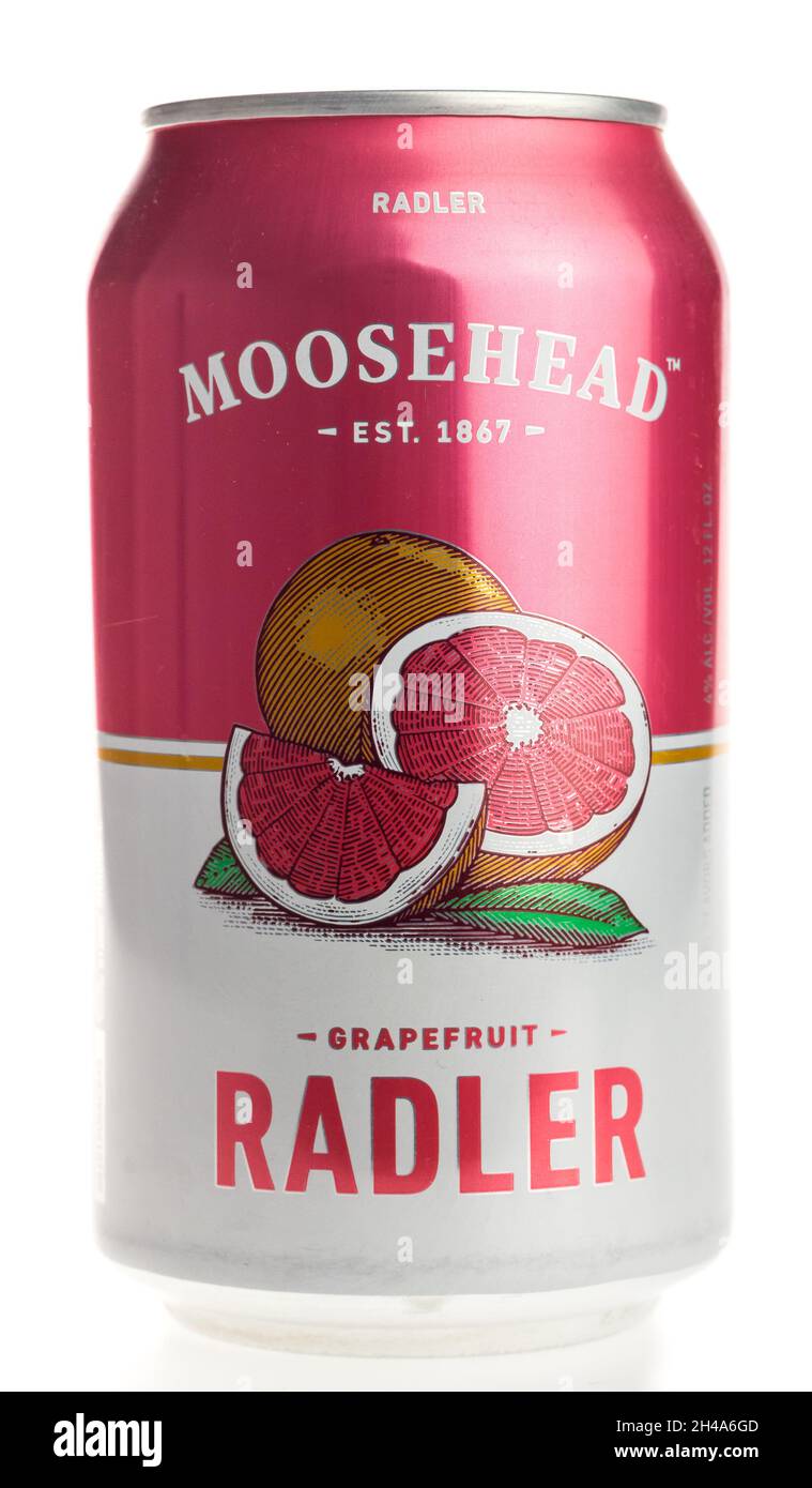 Can of Moosehead Grapefruit radler beer isolated on a white background ...