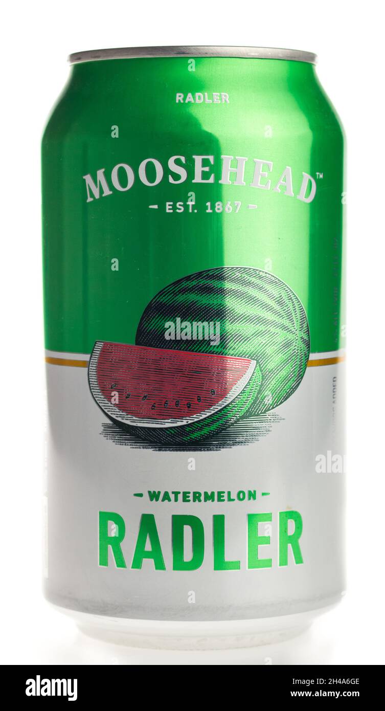 Can of Moosehead Watermelon radler beer isolated on a white background ...