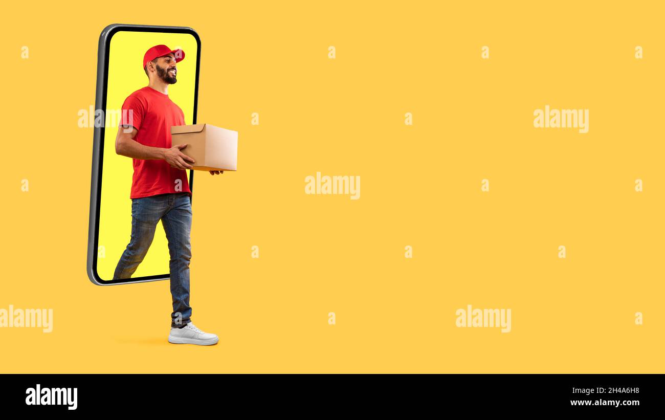 Middle Eastern Courier Man Coming Out Of Smartphone Screen Carrying Box ...