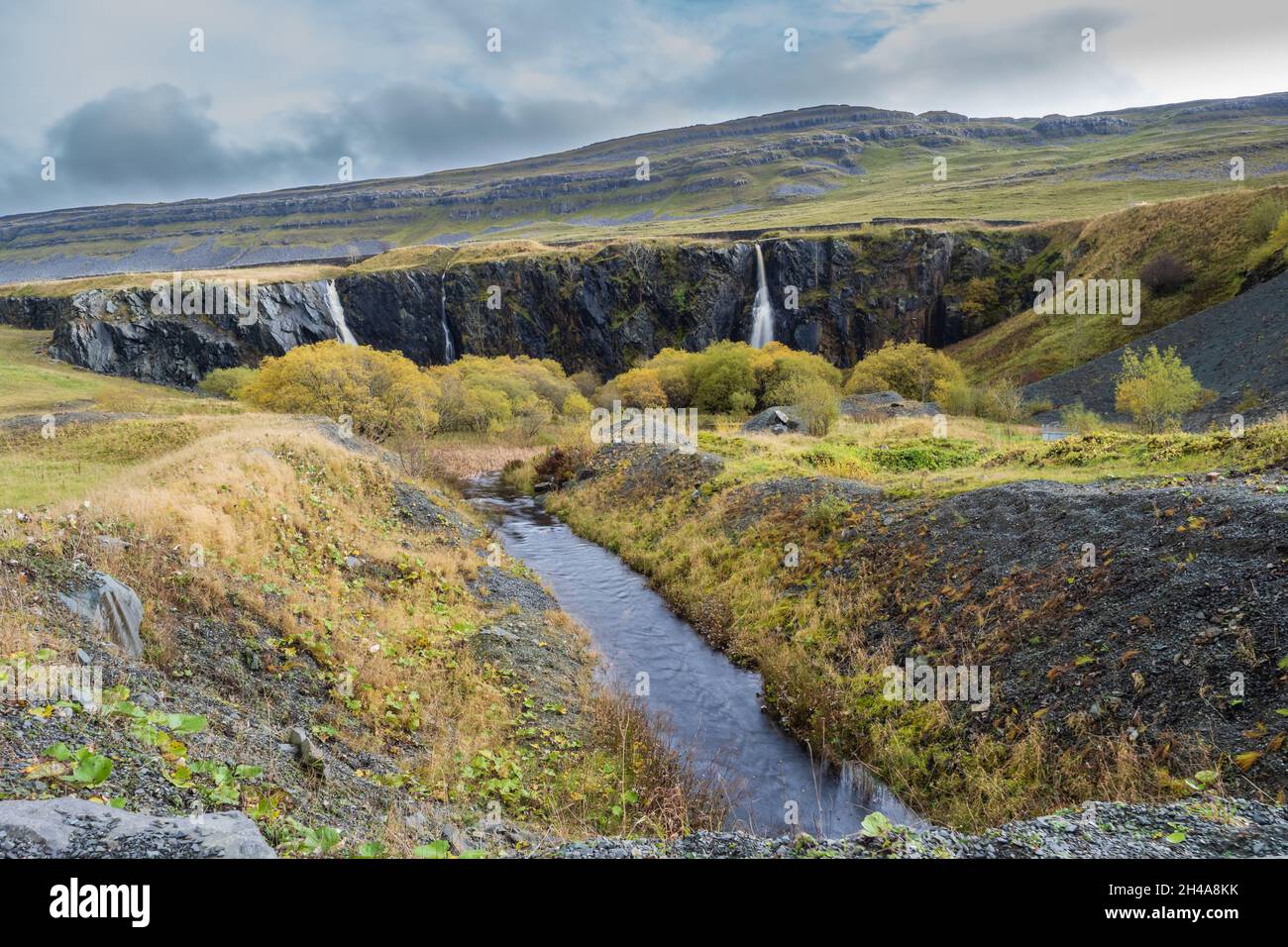 Waterfalls after heavy rainfall at Ingleton quarry located just to the ...