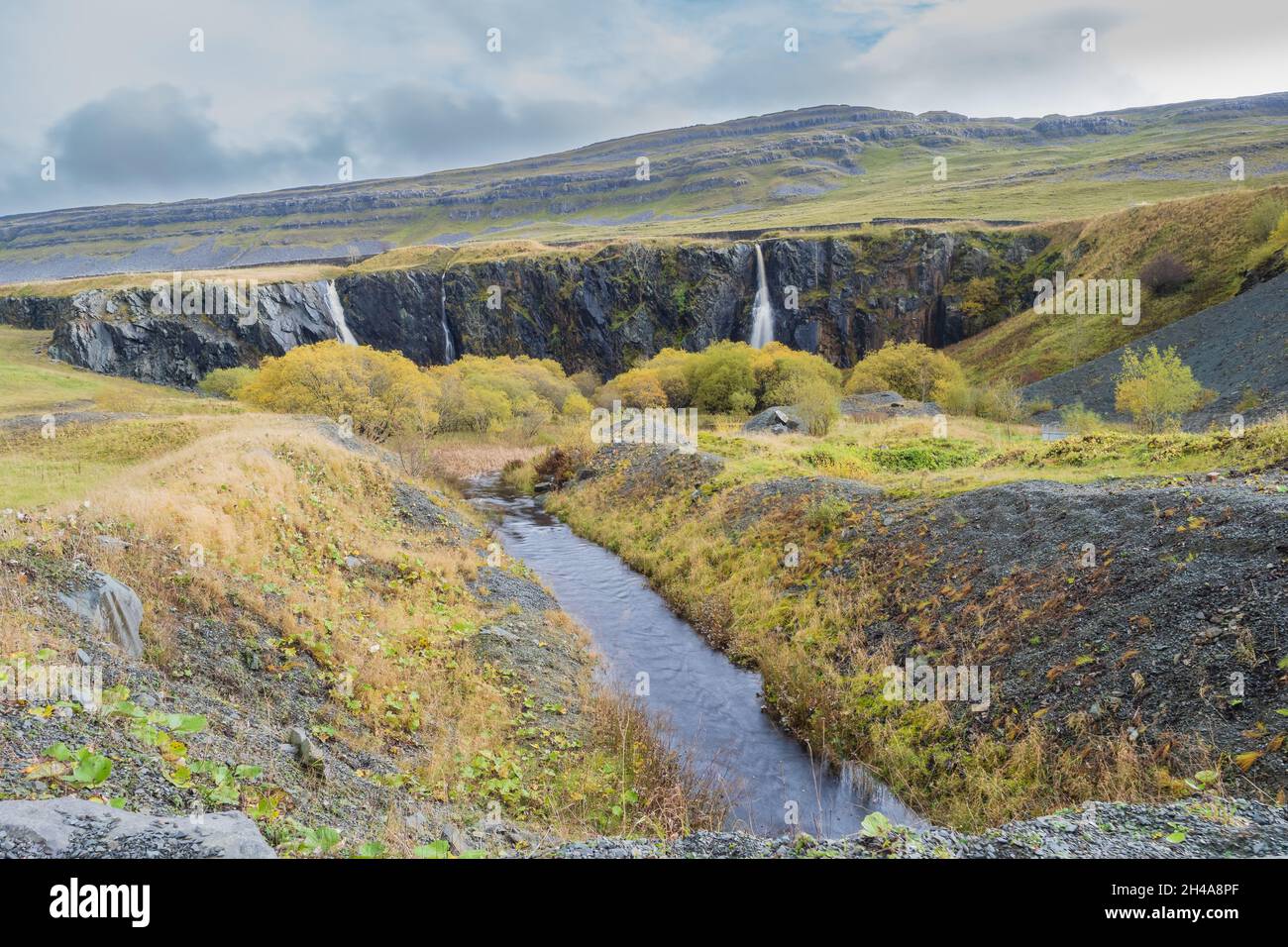Waterfalls after heavy rainfall at Ingleton quarry located just to the ...