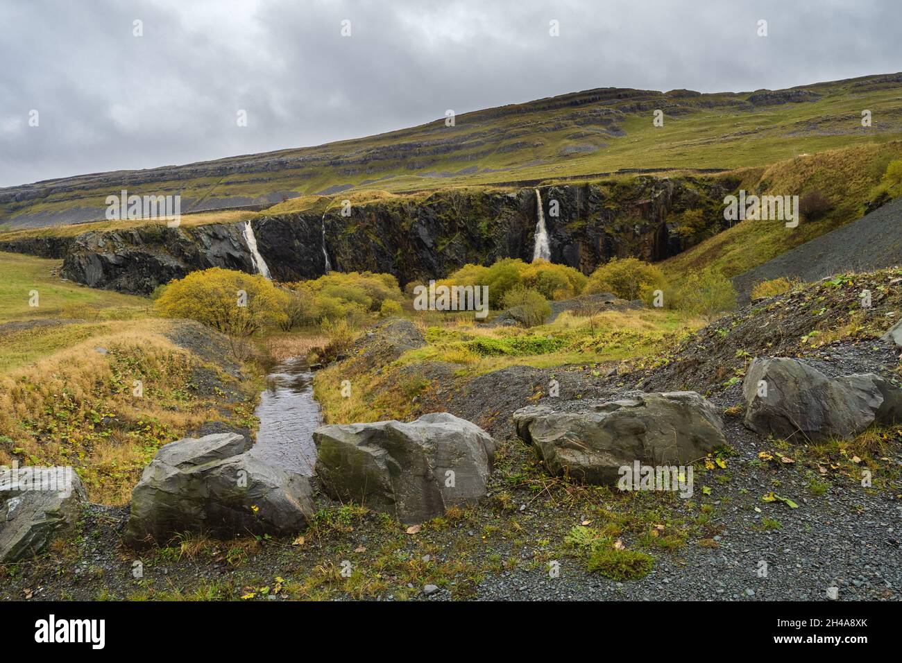 Waterfalls after heavy rainfall at Ingleton quarry located just to the ...