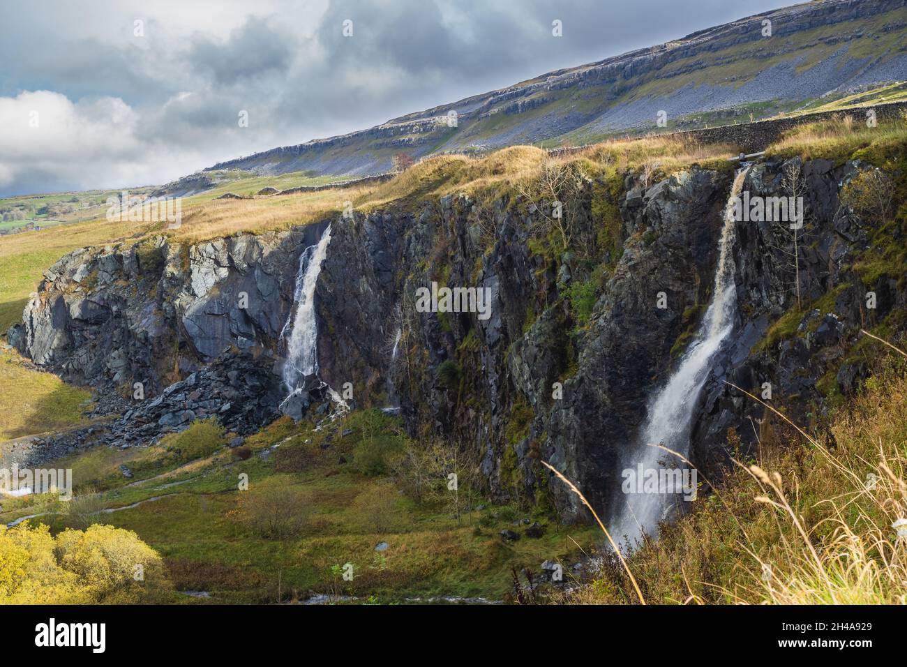 Waterfalls after heavy rainfall at Ingleton quarry located just to the ...