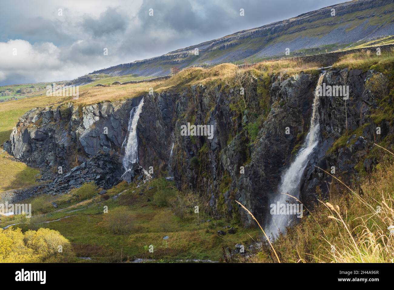 Waterfalls after heavy rainfall at Ingleton quarry located just to the ...