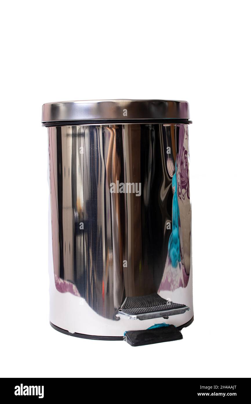 Metal waste bin isolated on white background close up Stock Photo - Alamy
