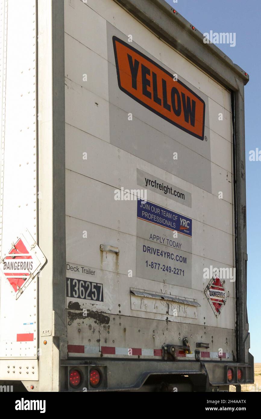 USA. 27th Oct, 2021. YRC Freight has a Now Hiring sign on the back of ...