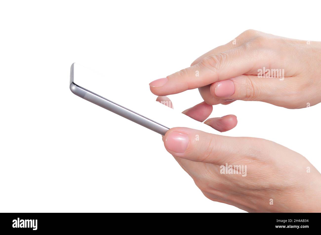 Smartphone in women's hand isolated on white background. Mock up of ...