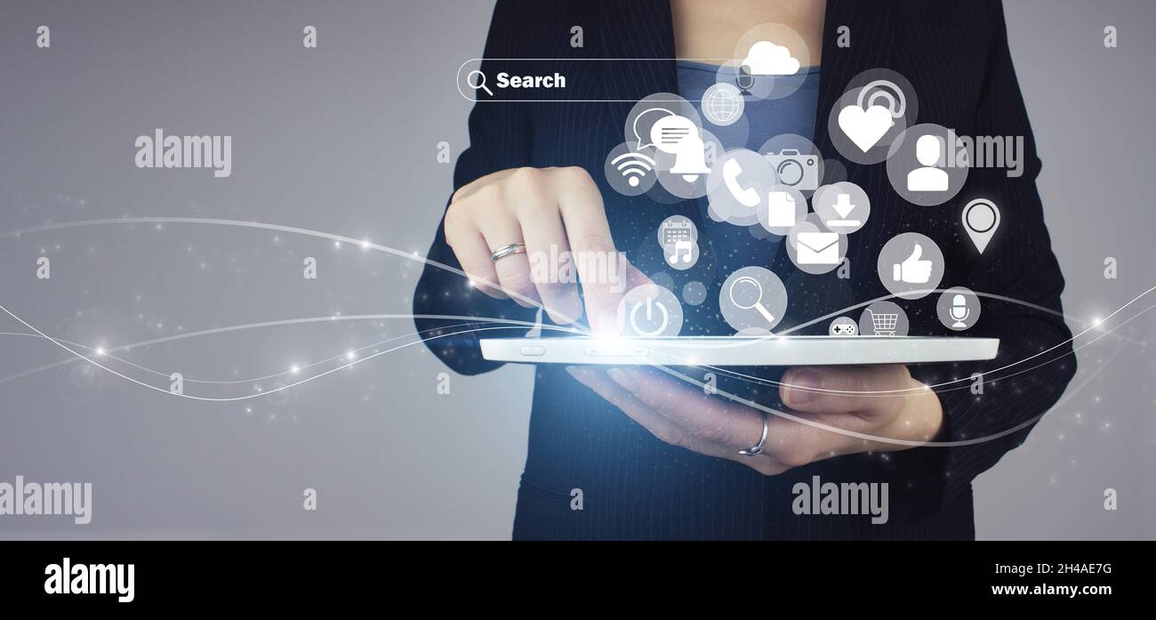 Social media concept. Communication network. White tablet in ...