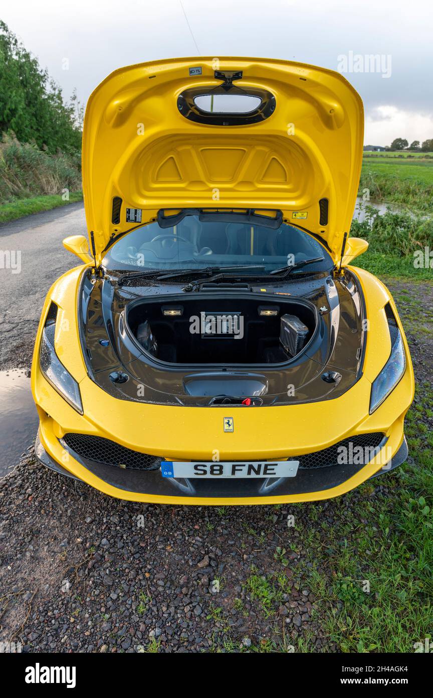 Yellow Ferrari F8 Spider sportswear photographed on the Gwent Levels ...