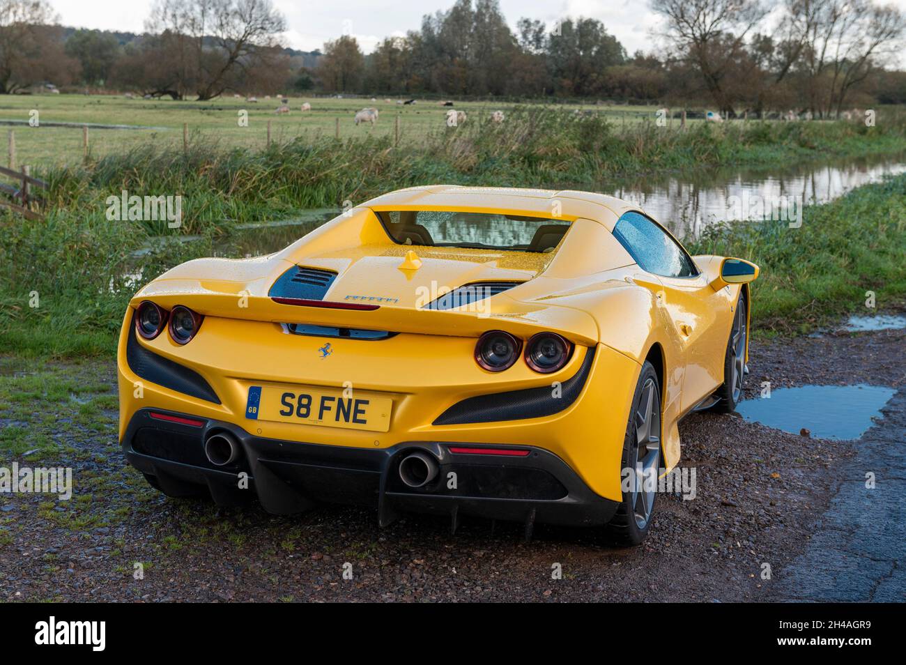 Yellow Ferrari F8 Spider sportswear photographed on the Gwent Levels ...