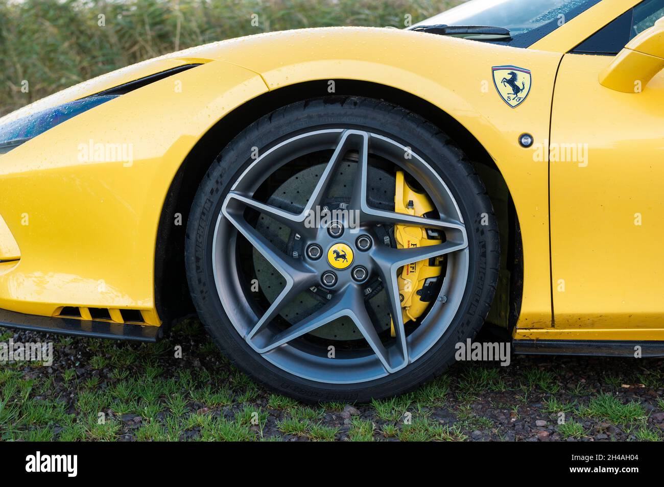 Yellow Ferrari F8 Spider sportswear photographed on the Gwent Levels ...