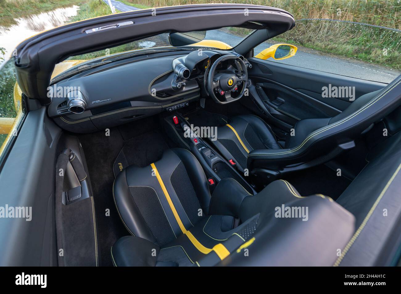 Yellow Ferrari F8 Spider sportswear photographed on the Gwent Levels ...