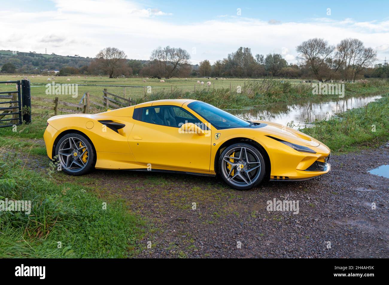 Yellow Ferrari F8 Spider sportswear photographed on the Gwent Levels ...